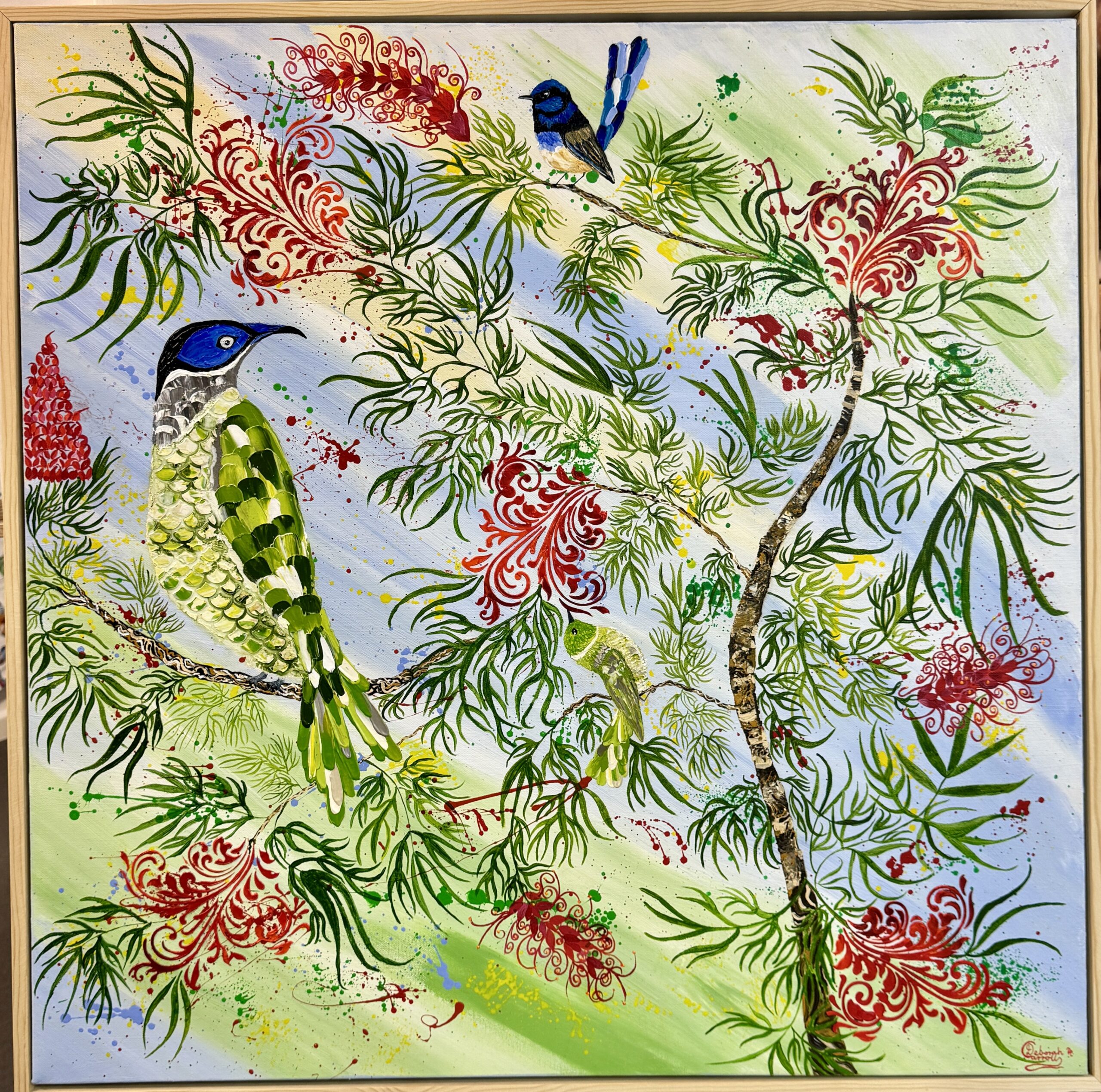 Honey eaters in the grevillias | Original art on canvas by Deborah Car ...